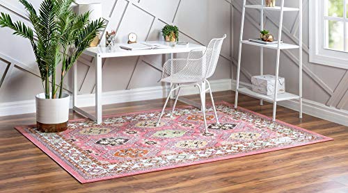 Unique Loom Aarhus Collection Geometric Border Rug_AAR004, 6 x 9 Feet, Rose/Ivory