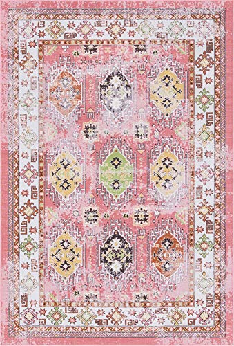 Unique Loom Aarhus Collection Geometric Border Rug_AAR004, 6 x 9 Feet, Rose/Ivory