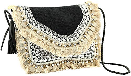 Exotic India Sustainable Jute Sling/Shoulder/Cross-Body Boho Handmade Bag with Cotton Banjara Tassels, Beads and Coins - Color Jet Black