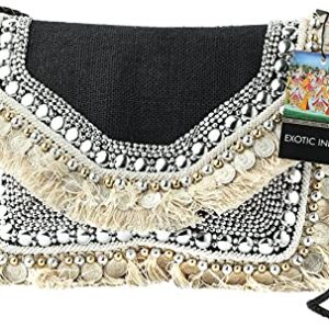 Exotic India Sustainable Jute Sling/Shoulder/Cross-Body Boho Handmade Bag with Cotton Banjara Tassels, Beads and Coins - Color Jet Black