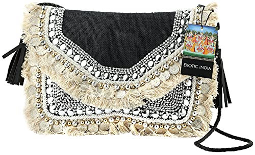 Exotic India Sustainable Jute Sling/Shoulder/Cross-Body Boho Handmade Bag with Cotton Banjara Tassels, Beads and Coins - Color Jet Black