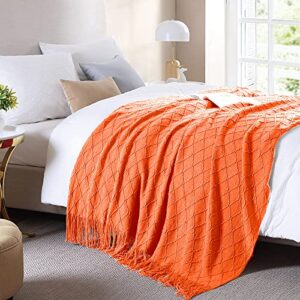 Walensee Throw Blanket for Couch, 50 x 60 Orange, Acrylic Knit Woven Summer Blanket, Lightweight Decorative Soft Nap Throw with Tassel for Chair Bed Sofa Travel Picnic, Suitable for All Seasons