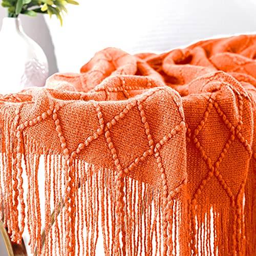 Walensee Throw Blanket for Couch, 50 x 60 Orange, Acrylic Knit Woven Summer Blanket, Lightweight Decorative Soft Nap Throw with Tassel for Chair Bed Sofa Travel Picnic, Suitable for All Seasons