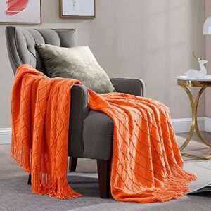 Walensee Throw Blanket for Couch, 50 x 60 Orange, Acrylic Knit Woven Summer Blanket, Lightweight Decorative Soft Nap Throw with Tassel for Chair Bed Sofa Travel Picnic, Suitable for All Seasons