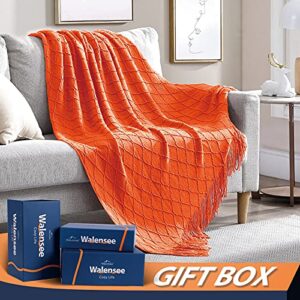 Walensee Throw Blanket for Couch, 50 x 60 Orange, Acrylic Knit Woven Summer Blanket, Lightweight Decorative Soft Nap Throw with Tassel for Chair Bed Sofa Travel Picnic, Suitable for All Seasons