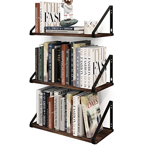 BAMEOS Floating Shelves Rustic Wood Wall Shelf Set of 3, Small Bookshelf for Living Room, Office, and Bedroom, with Metal Bracket