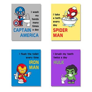 paintlig superhero wall decor – unframed boy’s bathroom decor, 8x10 inch motivational wall decor, set of 4 marvel wall decor art prints for kids bathroom