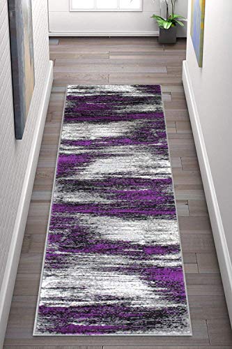 Champion Rugs Modern Rugs for Living Room Abstract Brush Stripes Soft Plush Purple Grey Black Area Rug Rugs Carpet for Office and Kitchen (2’ X 7’ Runner)