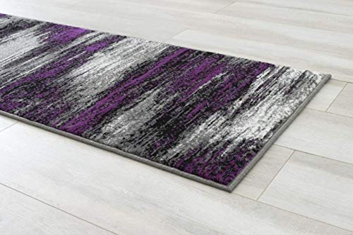 Champion Rugs Modern Rugs for Living Room Abstract Brush Stripes Soft Plush Purple Grey Black Area Rug Rugs Carpet for Office and Kitchen (2’ X 7’ Runner)