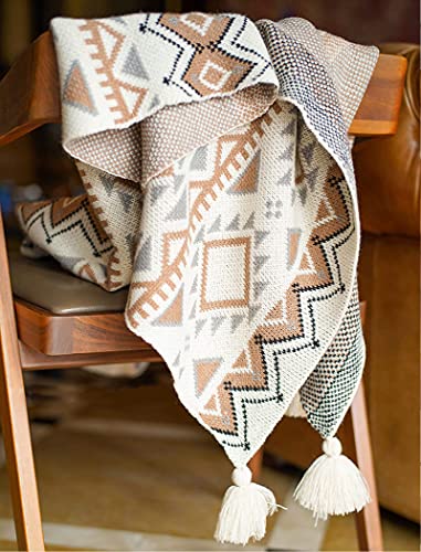 Boho Throw Blanket, Knitted Tassel Brown Throw Blankets, Soft Lightweight Vintage Tan Throw Blanket for Sofa Couch Bed and Living Room- All Seasons (50x60 Inch)