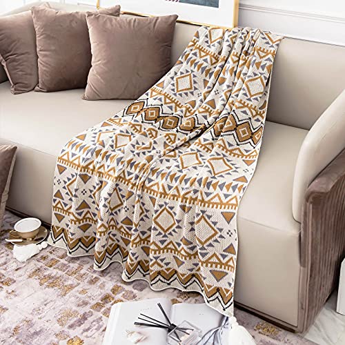 Boho Throw Blanket, Knitted Tassel Brown Throw Blankets, Soft Lightweight Vintage Tan Throw Blanket for Sofa Couch Bed and Living Room- All Seasons (50x60 Inch)