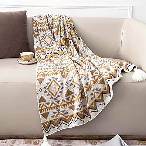 Boho Throw Blanket, Knitted Tassel Brown Throw Blankets, Soft Lightweight Vintage Tan Throw Blanket for Sofa Couch Bed and Living Room- All Seasons (50x60 Inch)