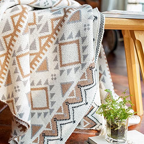 Boho Throw Blanket, Knitted Tassel Brown Throw Blankets, Soft Lightweight Vintage Tan Throw Blanket for Sofa Couch Bed and Living Room- All Seasons (50x60 Inch)