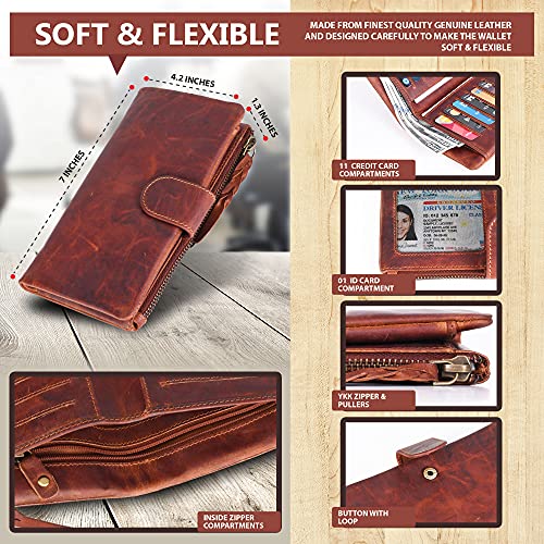 Valenchi-Soft and Flexible Genuine Leather Ladies Wallet with Metal Zipper and Snap closer (Cognac Vintage)