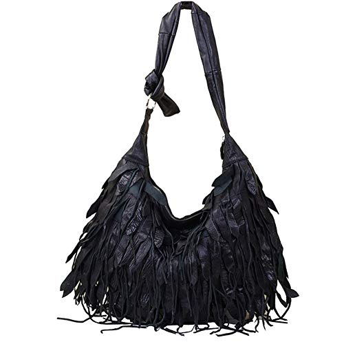 Segater® Women Black Sheepskin Hobo Bag Genuine Leather Patchwork Tassel Shoulder Bag Stripe Leisure Handbag and Purses Splice Crossbody Bags