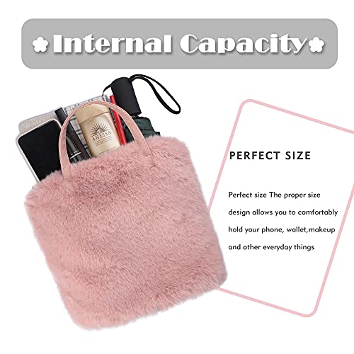 TANOSII Faux Fur Tote Bag Furry Handbag Fluffy Shoulder Bag Top-handle Bag Crossbody Bag for Women Small Pink