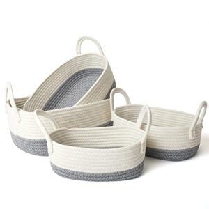 la jolie muse 15 inch cotton rope woven storage basket set of 4, stackable multipurpose organizer bins with handles, white & gray