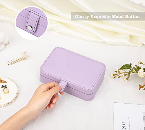 Voova Small Jewelry Organizer Box, Travel Jewelry Case for Women Teen Girls, Mini PU Leather Portable Jewellery Storage Boxes Holder with Smart Earrings Plate for Necklaces Rings Bracelets, Lavender