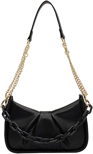 QZUnique Shoulder Bag Vegan Leather Ruched Purse for Women Trendy Handbag Retro Chain Clutch Hobo Tote Bag