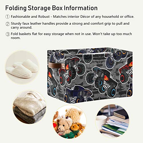 susiyo Large Foldable Storage Bin Monster Truck Car Fabric Storage Baskets Collapsible Decorative Baskets Organizing Basket Bin with PU Handles for Shelves Home Closet Bedroom Living Room-1Pack