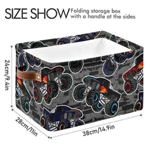 susiyo Large Foldable Storage Bin Monster Truck Car Fabric Storage Baskets Collapsible Decorative Baskets Organizing Basket Bin with PU Handles for Shelves Home Closet Bedroom Living Room-1Pack