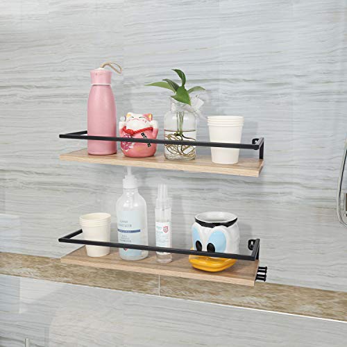 Weien Wood Floating Wall Shelves with Metal Frame, Wall Mounted Storage Shelves for Kitchen, Bathroom,Modern Hanging Shelf Set of 2