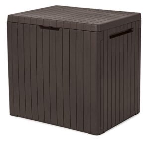 keter city 30 gallon resin deck box for patio furniture, pool accessories, and storage for outdoor toys, brown