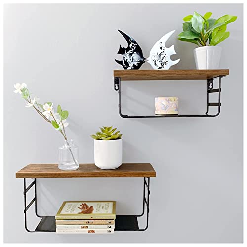 2 Tier Wall Mounted Shelf Set of 2, Wall Floating Shelves with Black Metal for Bedroom, Living Room, Bathroom, Laundry Room, Kitchen, 2 Different Sizes