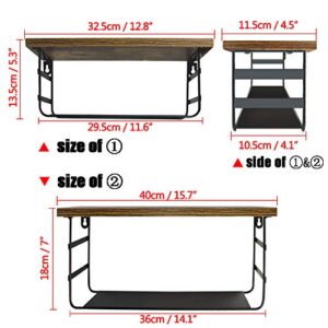 2 Tier Wall Mounted Shelf Set of 2, Wall Floating Shelves with Black Metal for Bedroom, Living Room, Bathroom, Laundry Room, Kitchen, 2 Different Sizes