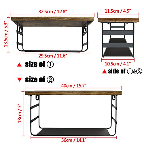 2 Tier Wall Mounted Shelf Set of 2, Wall Floating Shelves with Black Metal for Bedroom, Living Room, Bathroom, Laundry Room, Kitchen, 2 Different Sizes