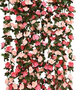 party joy 5pcs 41ft flower garland fake rose vine artificial flowers hanging rose ivy hanging baskets wedding arch garden background decor (pink, 5)