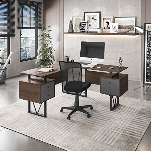 Techni Mobili Reversible L-Shape Computer Drawers and File Cabinet Home Office Desk, 59 x 57.75 x 30, Brown, Grey