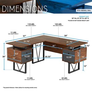 Techni Mobili Reversible L-Shape Computer Drawers and File Cabinet Home Office Desk, 59 x 57.75 x 30, Brown, Grey