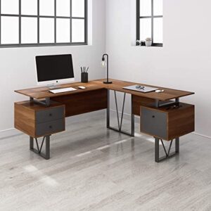 Techni Mobili Reversible L-Shape Computer Drawers and File Cabinet Home Office Desk, 59 x 57.75 x 30, Brown, Grey