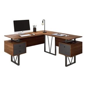 Techni Mobili Reversible L-Shape Computer Drawers and File Cabinet Home Office Desk, 59 x 57.75 x 30, Brown, Grey