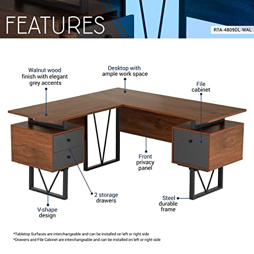 Techni Mobili Reversible L-Shape Computer Drawers and File Cabinet Home Office Desk, 59 x 57.75 x 30, Brown, Grey