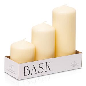 cone top pillar candles by bask – set of 3-3″ x 4″, 6″, and 8″ dripless unscented candles in ivory for home decor, relaxation & all occasions