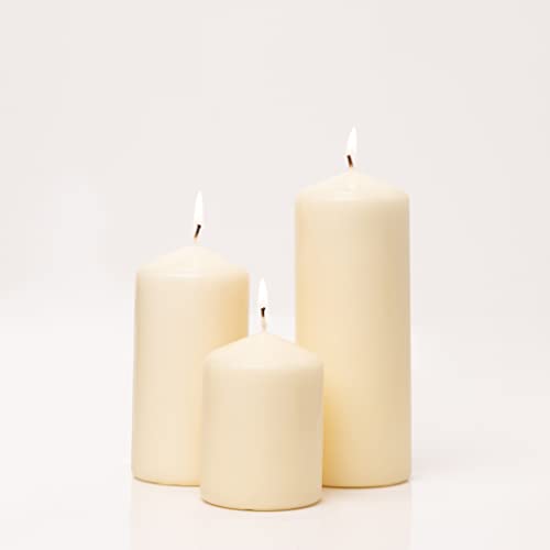 Cone Top Pillar Candles by Bask - Set of 3-3" x 4", 6", and 8" Dripless Unscented Candles in Ivory for Home Decor, Relaxation & All Occasions