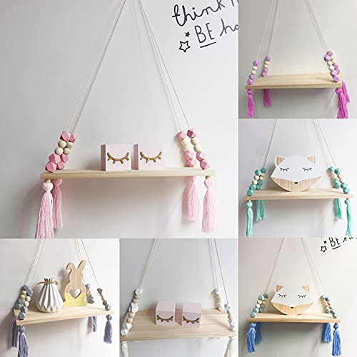 LEAQU Nordic Shelf Wall Hanging Board Rope Hanging Floating Shelves Wooden Floating Shelves Storage with Tassel Beads Wall Hanging Shelves Storage for Home White