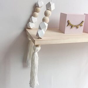 LEAQU Nordic Shelf Wall Hanging Board Rope Hanging Floating Shelves Wooden Floating Shelves Storage with Tassel Beads Wall Hanging Shelves Storage for Home White