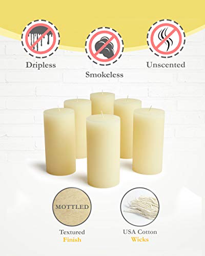 Mottled Pillar Candles by Bask - Set of 6-3" x 6" Dripless Unscented Candles in Ivory for Home Decor, Relaxation & All Occasions