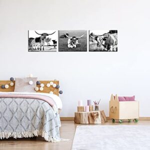 Nachic Wall 3 Pieces Animal Canvas Wall Art Black and White Texas Longhorn Pictures Highland Cattle Canvas Painting Prints for Living Room Farmhouse Cabin decor