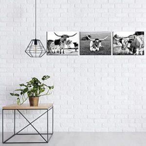 Nachic Wall 3 Pieces Animal Canvas Wall Art Black and White Texas Longhorn Pictures Highland Cattle Canvas Painting Prints for Living Room Farmhouse Cabin decor