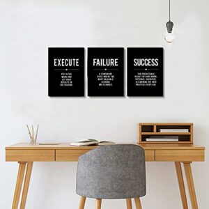 Framed Canvas Wall Art Success Quote, Office Wall Art, Black Large Poster, Positive Motivational Set of 3 Prints, Execute Failure Definition, Inspirational Print (A-3pcs,12x16inchx3pcs)