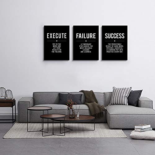 Framed Canvas Wall Art Success Quote, Office Wall Art, Black Large Poster, Positive Motivational Set of 3 Prints, Execute Failure Definition, Inspirational Print (A-3pcs,12x16inchx3pcs)