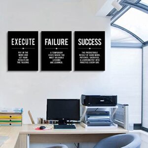 Framed Canvas Wall Art Success Quote, Office Wall Art, Black Large Poster, Positive Motivational Set of 3 Prints, Execute Failure Definition, Inspirational Print (A-3pcs,12x16inchx3pcs)