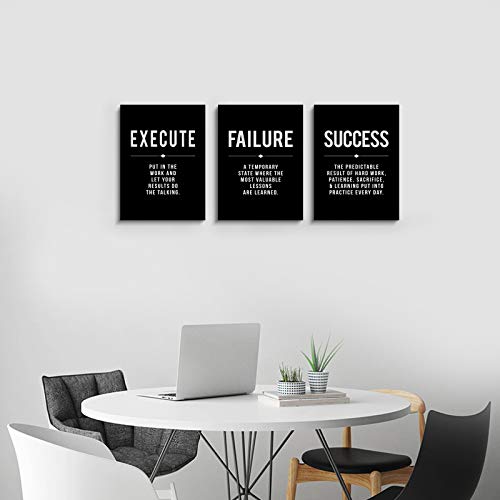 Framed Canvas Wall Art Success Quote, Office Wall Art, Black Large Poster, Positive Motivational Set of 3 Prints, Execute Failure Definition, Inspirational Print (A-3pcs,12x16inchx3pcs)