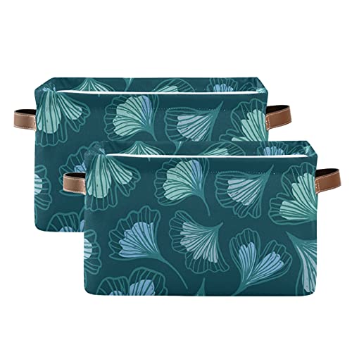 susiyo Large Foldable Storage Bin Leafs Ginkgo Biloba Fabric Storage Baskets Collapsible Decorative Baskets Organizing Basket Bin with PU Handles for Shelves Home Closet Bedroom Living Room-2Pack