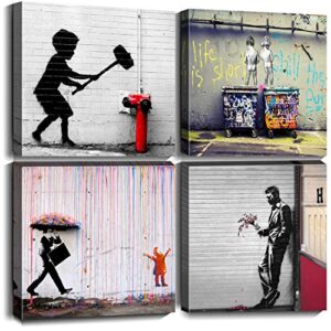 biufo banksy wall art street graffiti canvas print picture modern painting artwork for living room bathroom bedroom decor (12″x12″x4pcs)