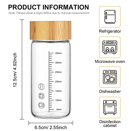 ZDZDZ Bamboo Lid Glass Water Bottle 13Oz Small Glass Water Bottles, Wide Mouth Glass Milk Bottle, Smoothie Glass Bottle with Scale Line